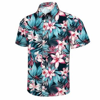 Generic Chemise hawa&iuml;enne &agrave; manches courtes pour homme - Sans plis - Boutonn&eacute;e - &Eacute;vacuation de lhumidit&eacute; - S&eacute;chage rapide - Imprim&eacute; d&eacute;contract&eacute; - Haut color&eacute; 