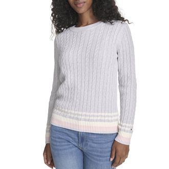 Tommy Hilfiger Damen-Pullover aus Baumwolle mit Rundhalsausschnitt und Zopfmuster, Pearl Heather Grey Multi, X-Klein
