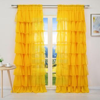 Joyswahl Voile Gardine mit Romantischen Rüschen Design transparenter Vorhange mit Viele Fach schön Dekoschal mit Tunnelzug Gelb BxH 140x245cm 1 Stück
