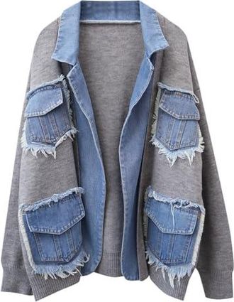 Generic 2026 Vestes pour femmes - Cardigan d&eacute;contract&eacute; en tricot ample avec patchwork en denim - Veste chandail polyvalente, gris, Taille unique