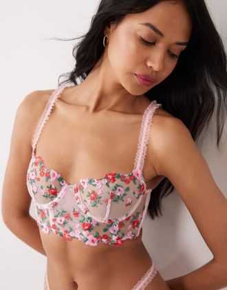 Wild Lovers Suzette - Bustier-BH aus Netzstoff in Rosa mit Blumenstickerei