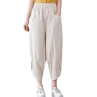 Generic Pantalon L&eacute;ger Femme Fluide Blanc Lin Ample Pantalon D&eacute;contract&eacute; pour Femmes De Couleur Unie avec Poches L&acirc;ches en Tissu De Coton pour Petits Yoga Fem