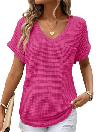 Dokotoo T-Shirts Damen Sommer Oberteile Kurzarm Waffel Strick Tops V-Ausschnitt Kurze &Auml;rmel Pullover Bluse Oberteil Locker L&auml;ssig Basic Einfarbig Tunika Bluse