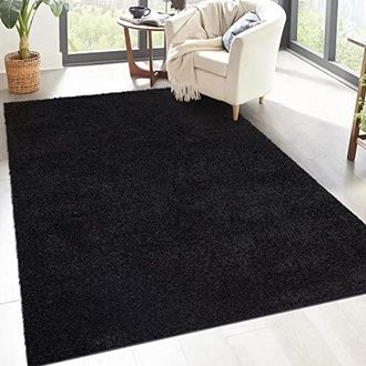 Carpet City Shaggy Tapis de salon, &agrave; poils longs, motif uni, noir, 200 x 200 cm, carr&eacute;, doux et moelleux, moderne, convient &eacute;galement &agrave; la chambre &agrave; coucher