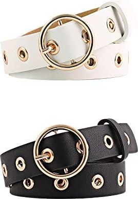 Allegra K Ceinture à oeillets pour femme en similicuir avec boucle à ardillon unique Ceintures punk pour jeans et pantalons Noir blanc 104cm/40.94