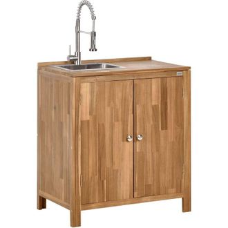 Beliani Outdoor-K&uuml;chenschrank mit Sp&uuml;le VENOSA Akazienholz Braun / Silber