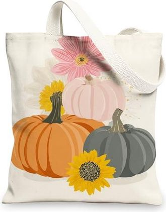 Generic Sacs fourre-tout rustiques en toile à motif floral mignon, motif de citrouille, sacs dépicerie réutilisables, légers et lavables avec bandoulière, crè