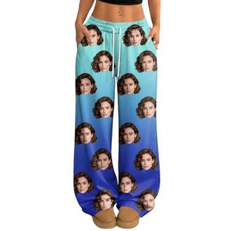 Generic Pantalon personnalis&eacute; avec photo de visage pour femme - Pantalon de jogging personnalis&eacute; avec cordon de serrage r&eacute;glable, bleu clair, M
