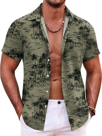 Coofandy Hemd Herren Kurzarm Hawaii Leichtes Sommer Strand Hawaiihemd Urlaub Party Funky Hemd Schwarzer Baumgr&uuml;n XL