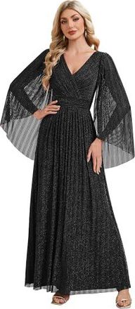 Ever-pretty Robe pour Mariage Invit&eacute; Longue Femme Col V Mousseline A Line Manches Courtes Pliss&eacute; Chic Noir 46