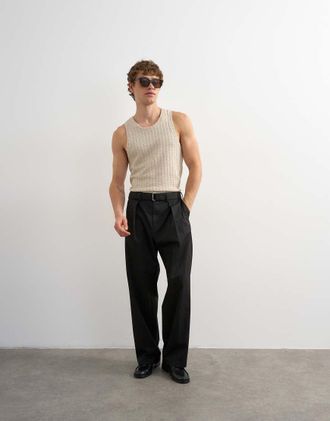 Topman Pantalon large en serg&eacute; avec ceinture - Noir