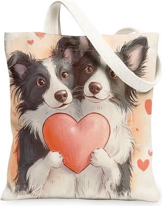 Generic Sac fourre-tout en toile motif Border Collie pour le shopping 33 x 38 cm, sac d&eacute;picerie r&eacute;utilisable pour la Saint-Valentin, sac d&eacute;picerie r&eacute;utilisabl
