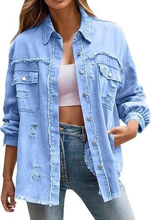 Generic Veste en jean surdimensionn&eacute;e d&eacute;chir&eacute;e pour femme Printemps 2026, bleu ciel, XXL