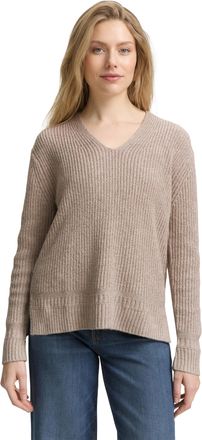 Tom Tailor Damen 1047674 RIPP Strickpullover mit V-Ausschnitt, 38330-Soft Taupe Melange, XXL