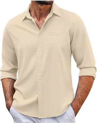 Generic Chemise d&eacute;t&eacute; boutonn&eacute;e en lin pour homme - En coton et lin - Chemise de loisirs - Chemise de plage l&eacute;g&egrave;re - &Eacute;l&eacute;gante - Manches longues - Coupe droite 