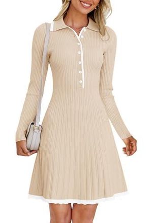 Merokeety Womens Long Sleeve V Neck Sweater Dress 2025 Spring Button Knit Pleated Mini Work Dresses, Apricot, Small