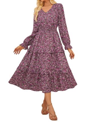 Grace Karin Damen Fashion V-Ausschnitt Hochzeitgast Blumenkleid Langarm A-Linie Fließendes Maxikleid Rosenrot Blumen XXL