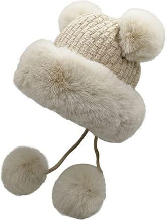 Generic Cocila Chapeau ÉPais Mignon De Neige Femmes Oreille Chaud Tricoté Laine Hiver Casquettes Baseball Casquette Gavroche (Beige One Size) Bonnet en Coton 
