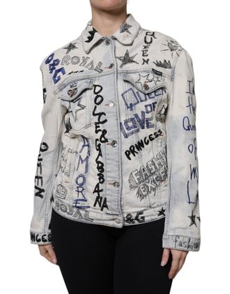 Dolce & Gabbana Womens Light Blue Graffiti Button Down Denim Jacket Cotton Elastane Clothing