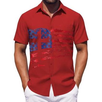 Generic Chemise d&eacute;t&eacute; en coton et lin pour homme - 4 juillet - Jour de lind&eacute;pendance - Chemise en lin d&eacute;contract&eacute;e tendance et respirante, Rouge, 3XL