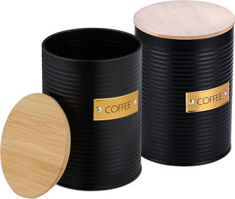 Relaxdays Kaffeedose, 2er Pack, Metall, Bambusdeckel, HxD: 16 x 11 cm, Kaffeebohnen Beh&auml;lter, Vorratsdose, schwarz/Natur