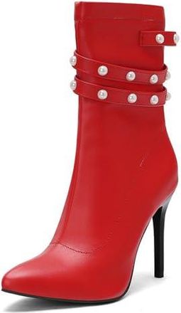 Generic Bottines habill&eacute;es &agrave; bout pointu pour femme avec fermeture &eacute;clair et talons aiguilles et perles &eacute;l&eacute;gantes pour f&ecirc;te, mariage, Rouge, 39.5 EU