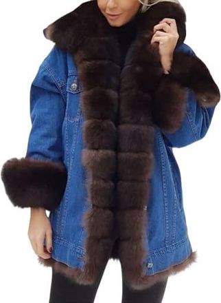 Generic Manteau en denim en fausse fourrure pour femme - Grande taille - Veste chaude et &eacute;paisse - Style d&eacute;contract&eacute; - Parka dext&eacute;rieur, Noir, 3XL