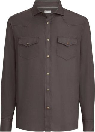 Brunello Cucinelli Chemise Western Teinte en Coton Chevron - Homme - Chemises - Brun - Taille: S