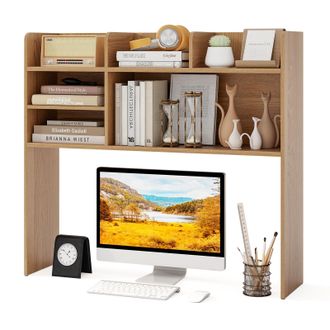 Giantex HOMASIS 3-stufiges Schreibtischregal mit 6 offenen Fächern, Schreibtischständer Holz, verstellbares Tischregal Bücherregal Tischorganizer mit Kippsich