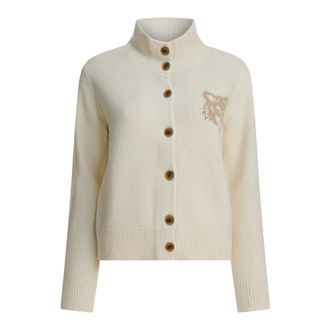 Maison Kitsun&eacute; Fox Head Intarsia Merino High-Neck Cardigan - Femme - Pulls - Beige - Taille: 42 FR