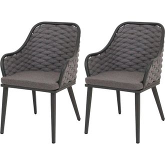 Hhg 2er-Set Aluminium-Gartenstuhl HHG 761, Outdoor Stuhl Armlehne, Olefin Seilgeflecht Rope anthrazit Kissen dunkelgrau