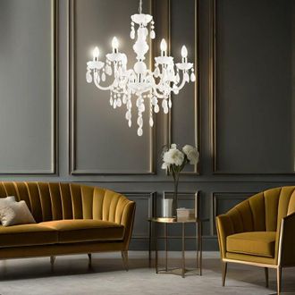 Globo Lighting Kronleuchter Kristalle H&auml;ngeleuchte 6 Flammig Pendelleuchte L&uuml;ster wei&szlig;, Kristallbehang Chromakzente, 6x E14 Fassungen, DxH 67x166 cm