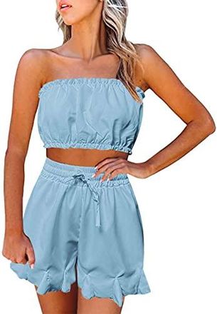 Generic Robes d&eacute;t&eacute; 2026 boh&egrave;me pour femmes, tenues deux pi&egrave;ces, haut et short sans bretelles &agrave; motif floral, bleu, S