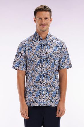 Eden Park Chemise &Agrave; Manches Courtes En Popeline De Coton Bleue Imprim&eacute; Floral Coupe Droite