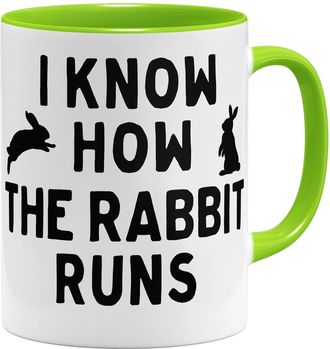 OM3 I know how the rabbit runs - Tasse mit Spruch Denglisch - Keramik Becher - 11oz 325ml - Beidseitig Bedruckt - Hellgrün