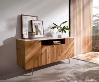 DELIFE Sideboard Bahan 145 cm Mango Teak 4 T&uuml;ren 1 Fach Marmorplatte weiss Winkelfu&szlig; Edelstahl, Sideboards