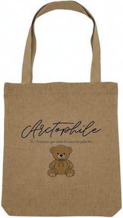 Fabulous Sac Shopping Tote Bag Aspect Lin - Arctophile Ours en Peluche Ourson Collectionneur - Sac de Courses Toile Epaisse 360g Beige Naturel Cabas Port&eacute; Epau