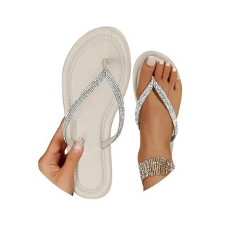 Minetom Sommer Sandalen Flach Flip Flops Damen Flach Zehentrenner Glitzer Strasssteine Sandaletten Pool Meer Strand Outdoor Sommerschuhe A1 Wei&szlig; 38 EU