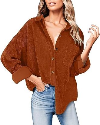 Generic Vestes pour femmes 2026 en velours c&ocirc;tel&eacute; boutonn&eacute;e, chemisiers surdimensionn&eacute;s, hauts &agrave; manches longues, veste chaude d&eacute;contract&eacute;e avec poches, Orang