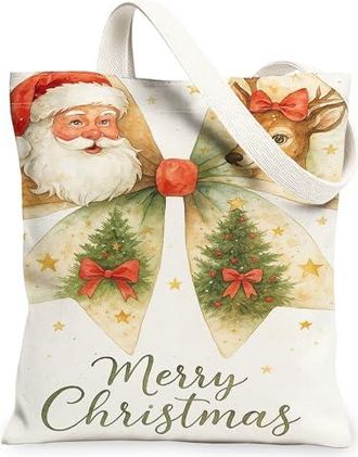 Generic Sacs fourre-tout en toile de No&euml;l, motif P&egrave;re No&euml;l et renne vintage, sacs d&eacute;picerie r&eacute;utilisables, l&eacute;gers et lavables &agrave; l&eacute;paule pour les voyages, blan