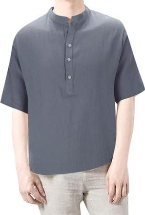 Generic Chemise d&eacute;t&eacute; d&eacute;contract&eacute;e en lin pour homme - Chemise d&eacute;t&eacute; en coton et lin - Chemise de loisirs - Chemise d&eacute;t&eacute; &agrave; manches longues - Coupe droite, gris,