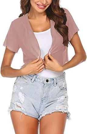 Zeagoo Boléro festif en mousseline de soie pour femme - Manches courtes - Élégant - Cardigan court - Léger et transparent - Pour lété - Tailles S à 3XL, Rose