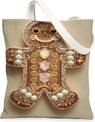 Generic Sac fourre-tout en toile motif bonhomme de pain d&eacute;pices, sacs de courses r&eacute;utilisables, l&eacute;gers et lavables avec bandouli&egrave;re, beige, 13x15 Inch