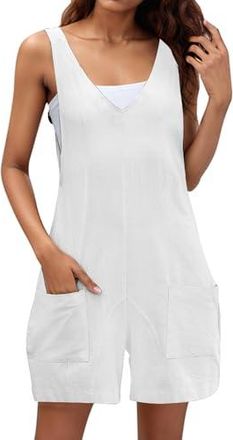 Generic Barboteuse d&eacute;contract&eacute;e d&eacute;t&eacute; pour femme, bretelles r&eacute;glables, combinaison ample et confortable avec poches, blanc, XXL