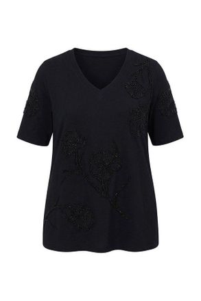 Ulla Popken T-Shirt T-Shirt Zierperlen Classic V-Ausschnitt Halbarm