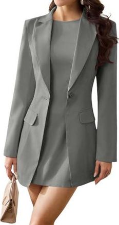 ORANDESIGNE Robe et Blazer Femme Ensemble 2 Pi&egrave;ces Travail Bureau Chic et Elegant Robe sans Manches et Blazer Long daffaires A Gris L