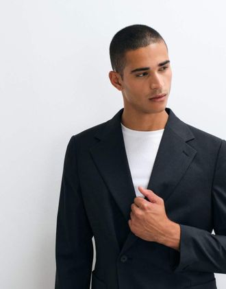 Asos blazer de costume slim effet denim &agrave; double boutonnage en laine lavable noire
