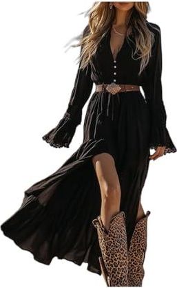 ORANDESIGNE Robe Longue Retro &agrave; Col en V et Manches Longues pour Femmes Robes en Mousseline de Soie Vintage Western Country Robe D&eacute;contract&eacute;e dautomne N Noir L