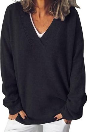 Generic Pull doux au toucher pour femme - Pull l&eacute;ger &agrave; col en V et &eacute;paules - Haut tricot&eacute; - Pull ext&eacute;rieur dautomne et dhiver &agrave; manches longues - Couleur unie