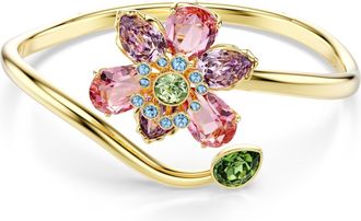 Swarovski Idyllia Armreif, Vergoldeter Damenarmreif mit Blütenmotiv und Stiel mit Rosafarbenen und Grünen Kristallen, Armbandlänge: 17.9 cm, Innendurchmesser: 6